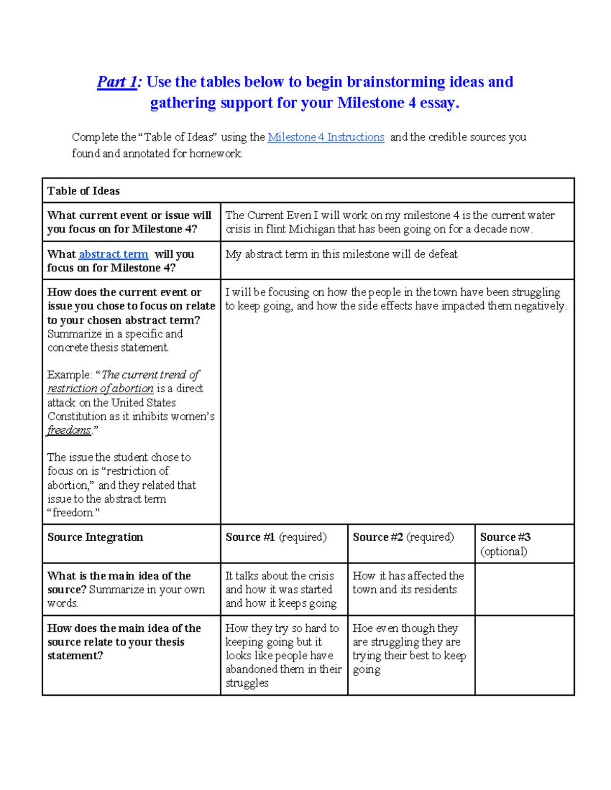 Milestone 4 - Outline - Part 1: Use the tables below to begin ...