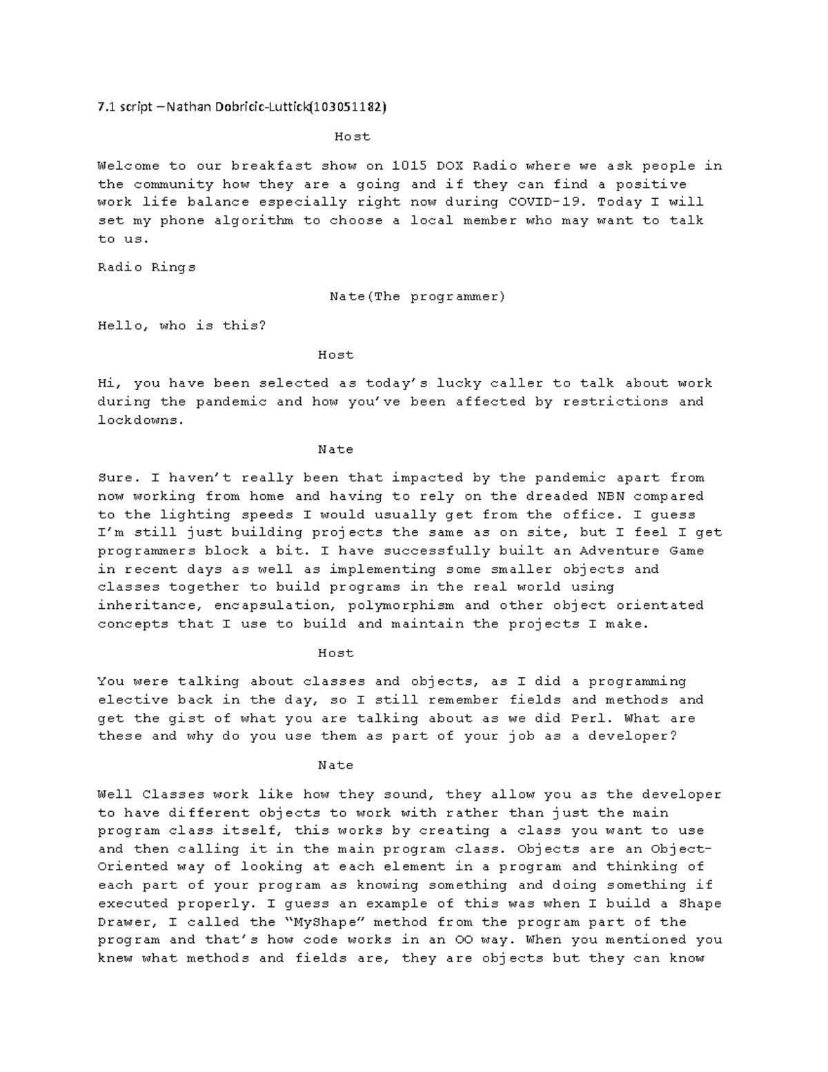 7.1 oop - 7 script – Nathan Dobricic-Luttick(103051182) Host Welcome to ...