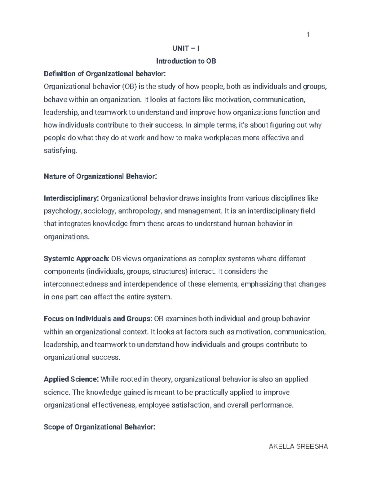 OB Unit wise Notes - UNIT – I Introduction to OB Definition of ...