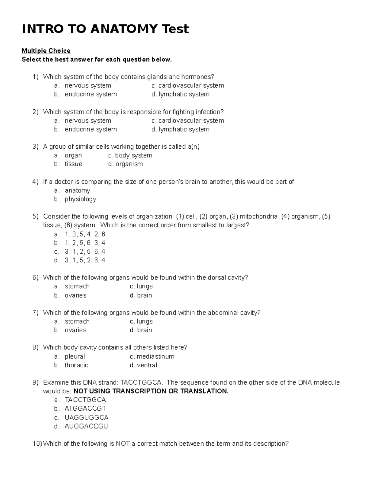 Intro to Anatomy Test- Regular - INTRO TO ANATOMY Test Multiple Choice ...