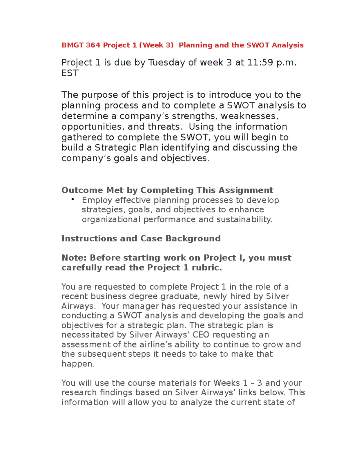 Project 1 - Week 3 Planning and SWOT Analysis - BMGT 364 Project 1 ...