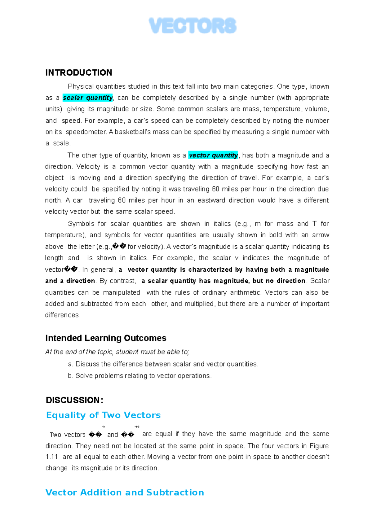 Chapter 2 Vectors - INTRODUCTION Physical quantities studied in this ...