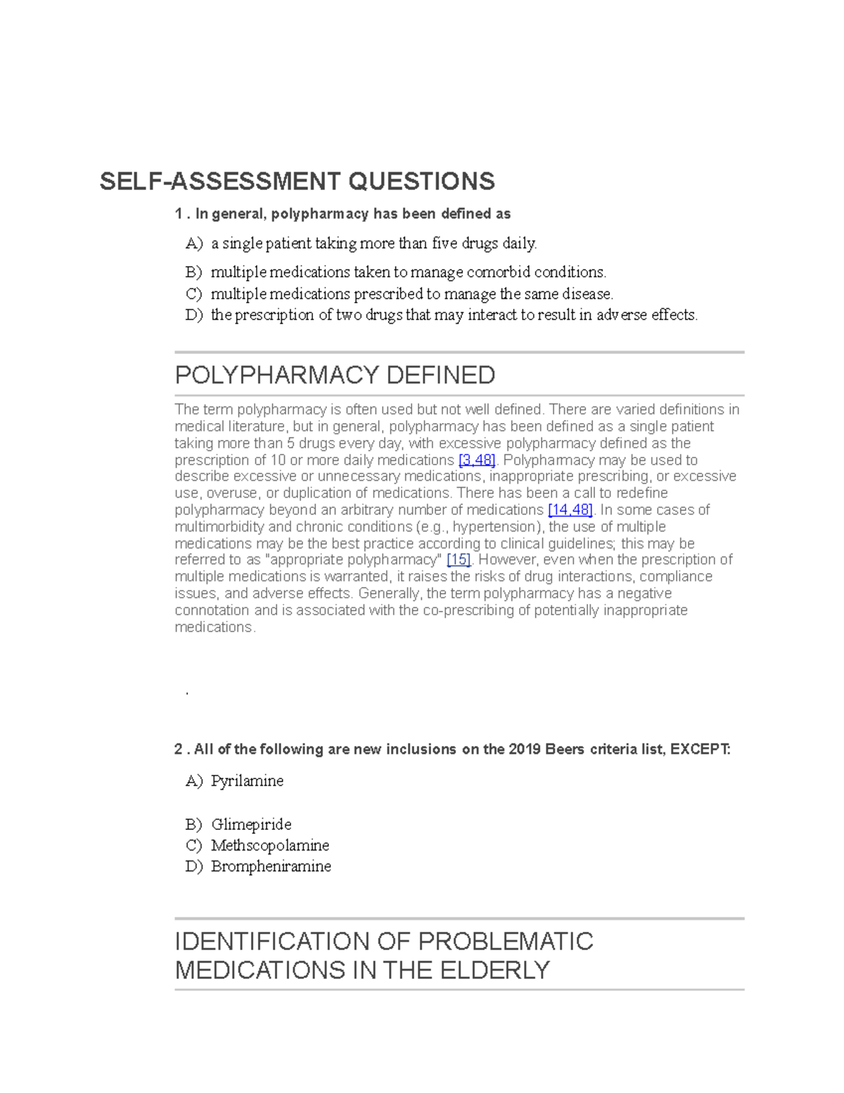Polypharmacy discussion questions - SELF-ASSESSMENT QUESTIONS In ...