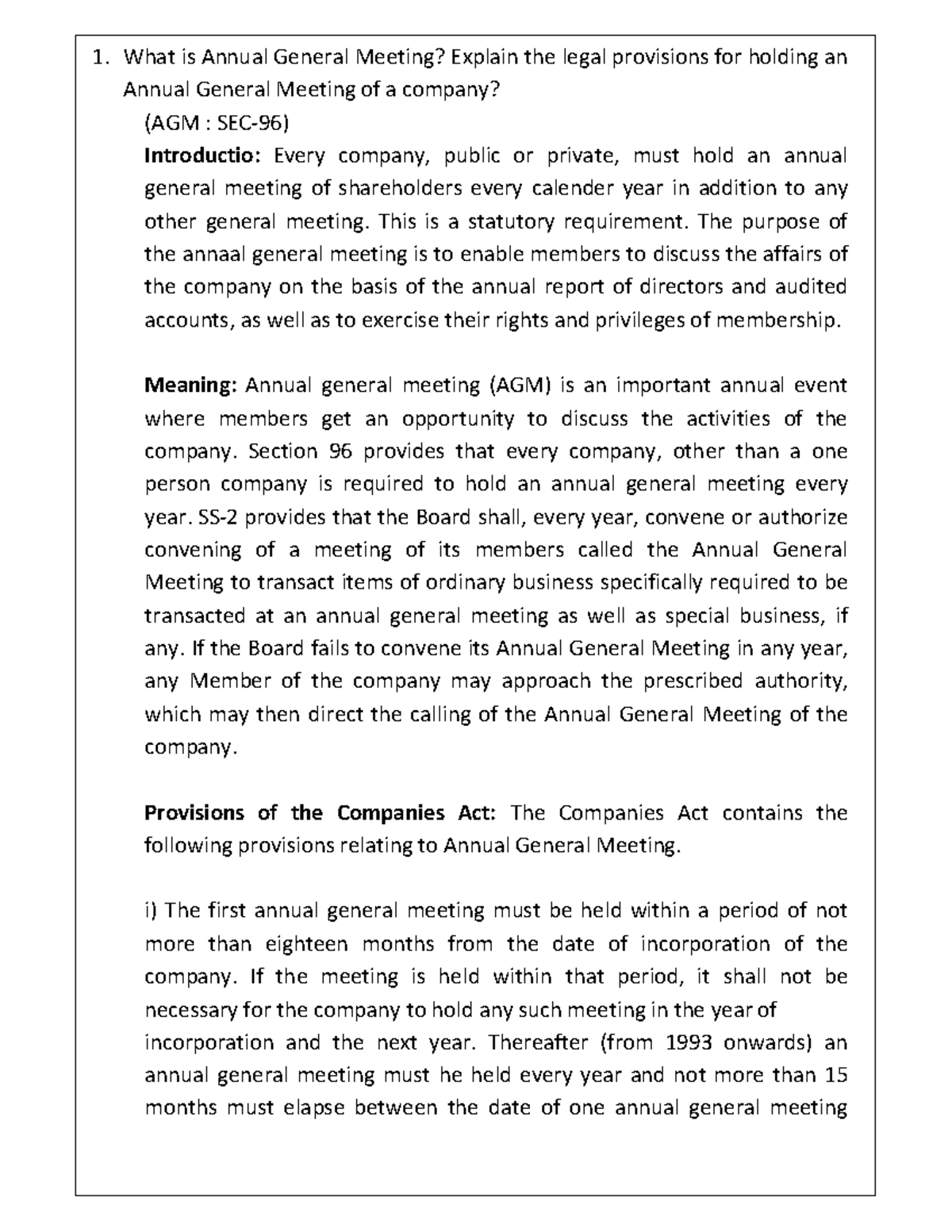 Agm - What is Annual General Meeting? Explain the legal provisions for ...