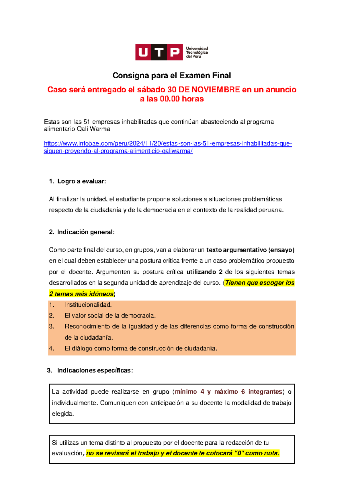 Consigna Examen Final Crslmk - Consigna para el Examen Final Caso será entregado el sábado 30 DE ...