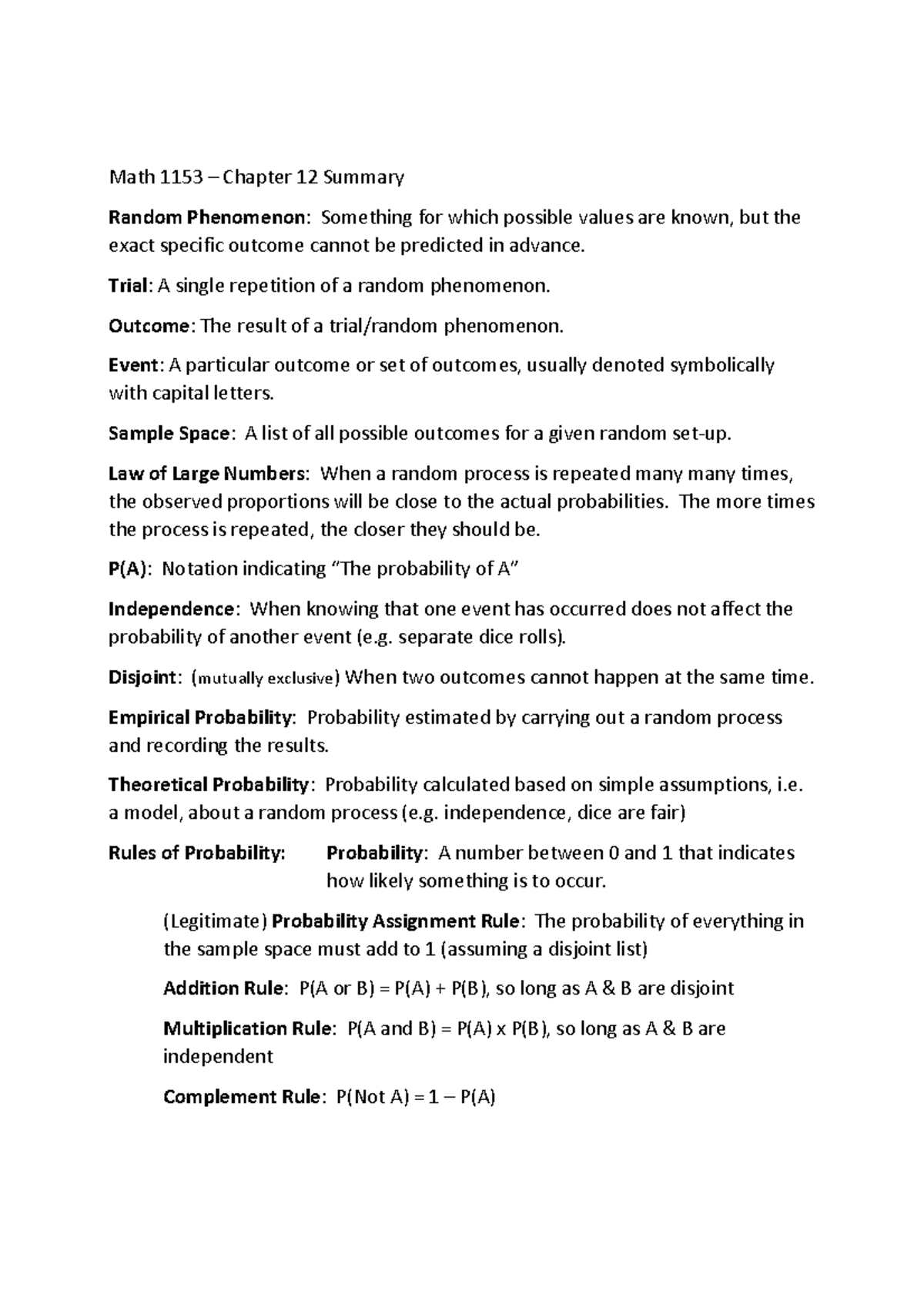 1153 Chapter 12 Summary - Math 1153 – Chapter 12 Summary Random ...