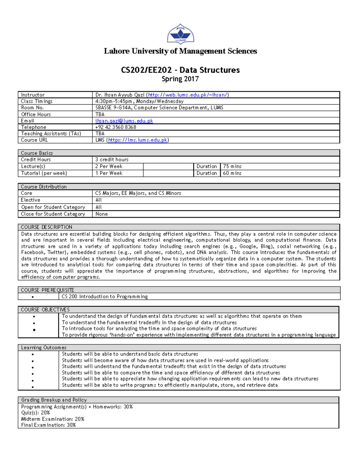 Cs 202 Data Structures Course Outline Lahore University Of Management 8183