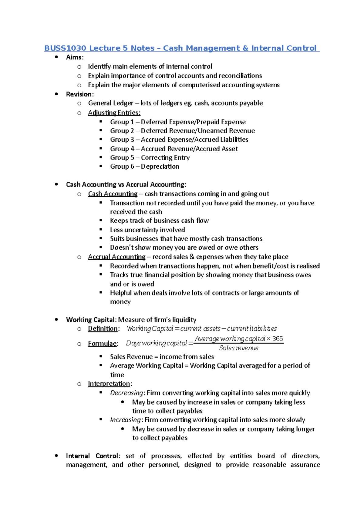 BUSS1030 Lecture 5 Notes - BUSS1030 Lecture 5 Notes – Cash Management ...