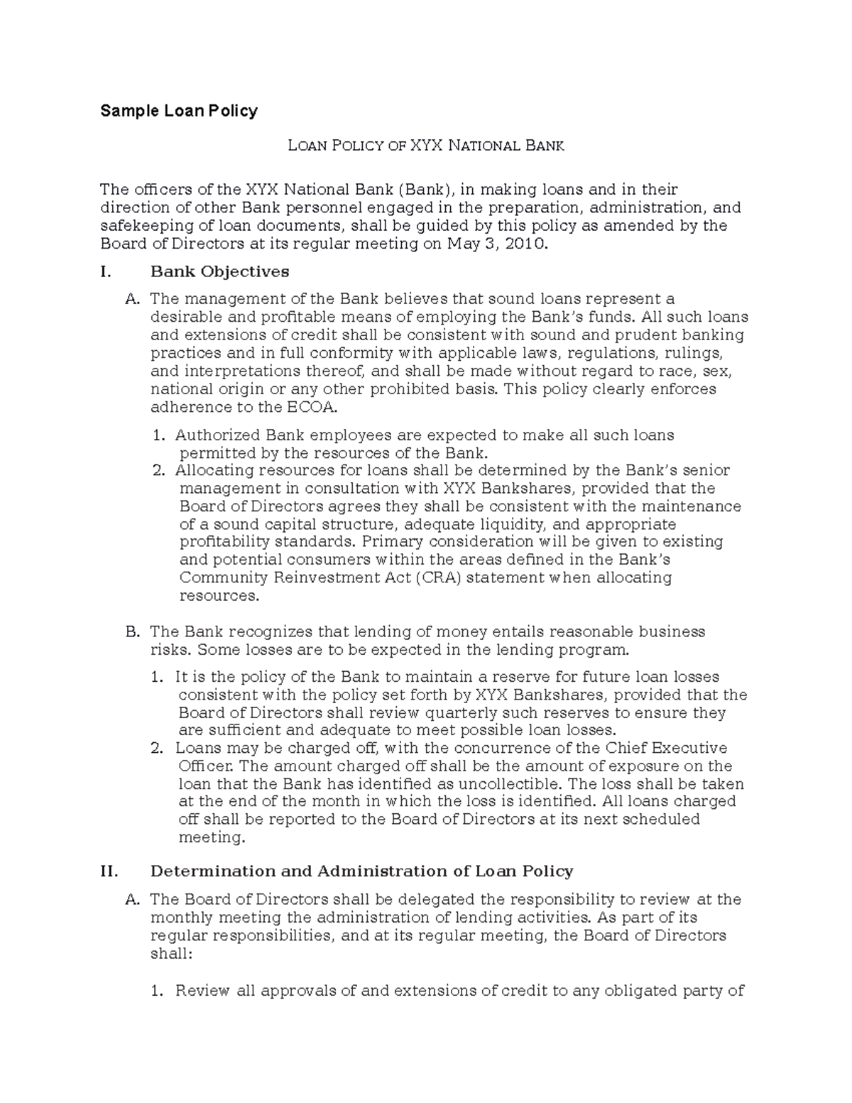 Sample Loan Policy - Fggv - Sample Loan Policy LOAN POLICY OF XYX ...