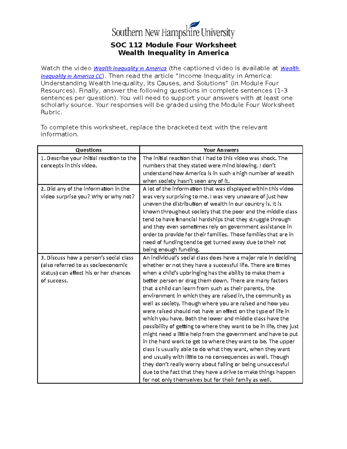 SOC 112 Module Four Worksheet - SOC 112 Module Four Worksheet Wealth ...