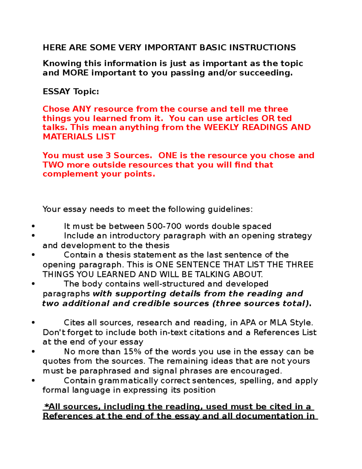 Essay Instructions - ssdd - HERE ARE SOME VERY IMPORTANT BASIC ...