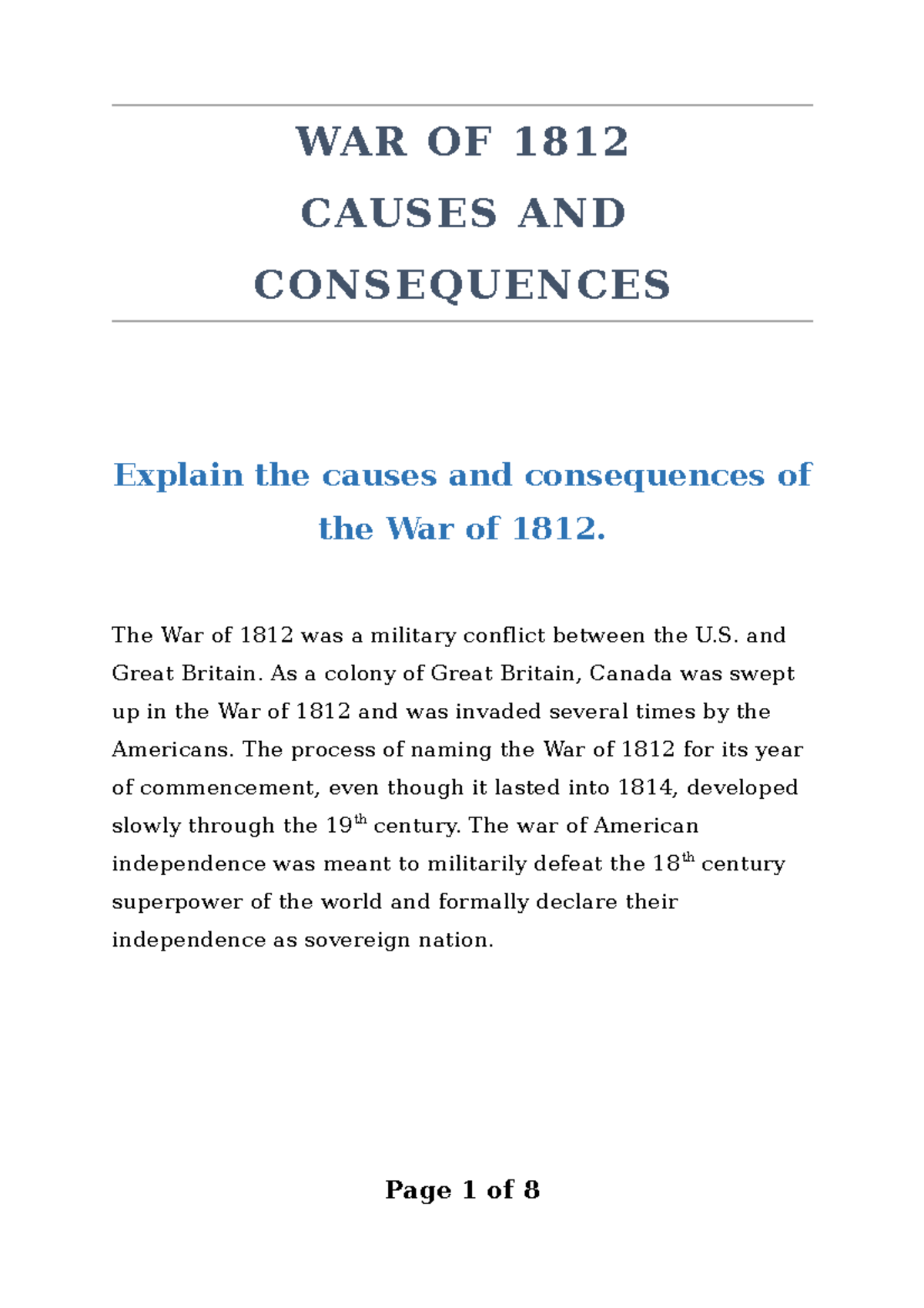 War of 1812 Causes and Consequences - WAR OF 1812 CAUSES AND ...