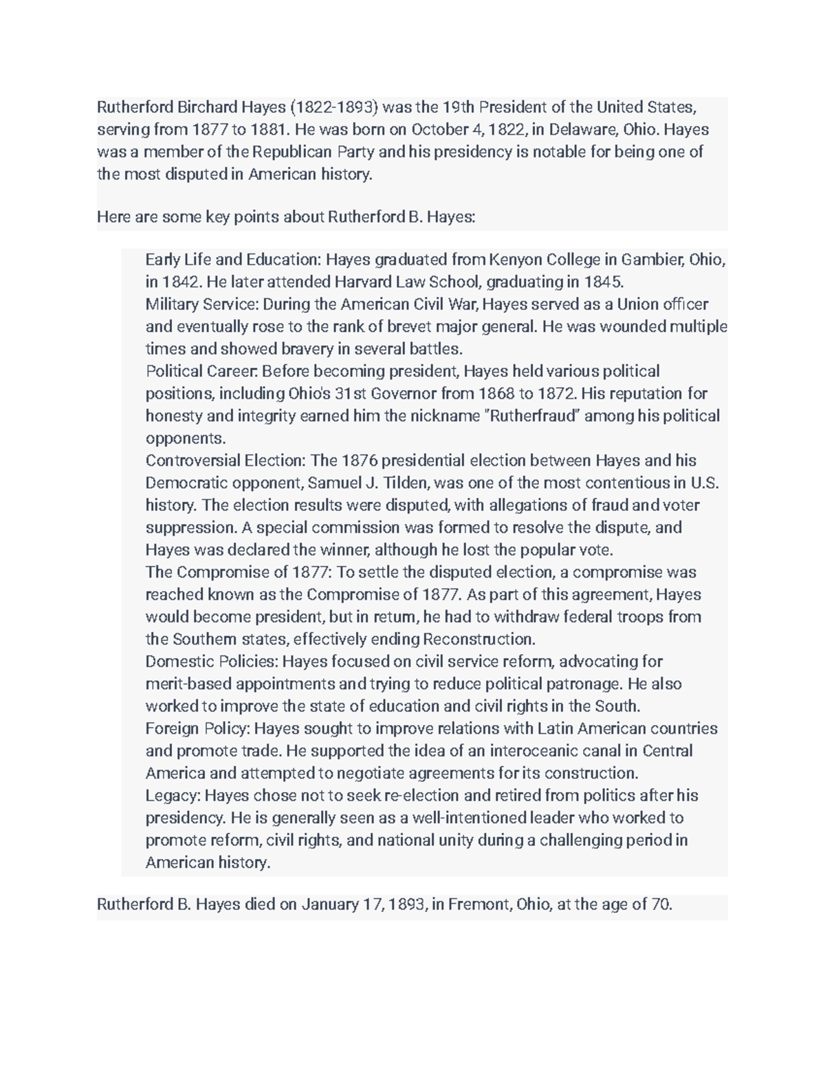 Rutherford B. Hayes - Rutherford Birchard Hayes (1822-1893) was the ...