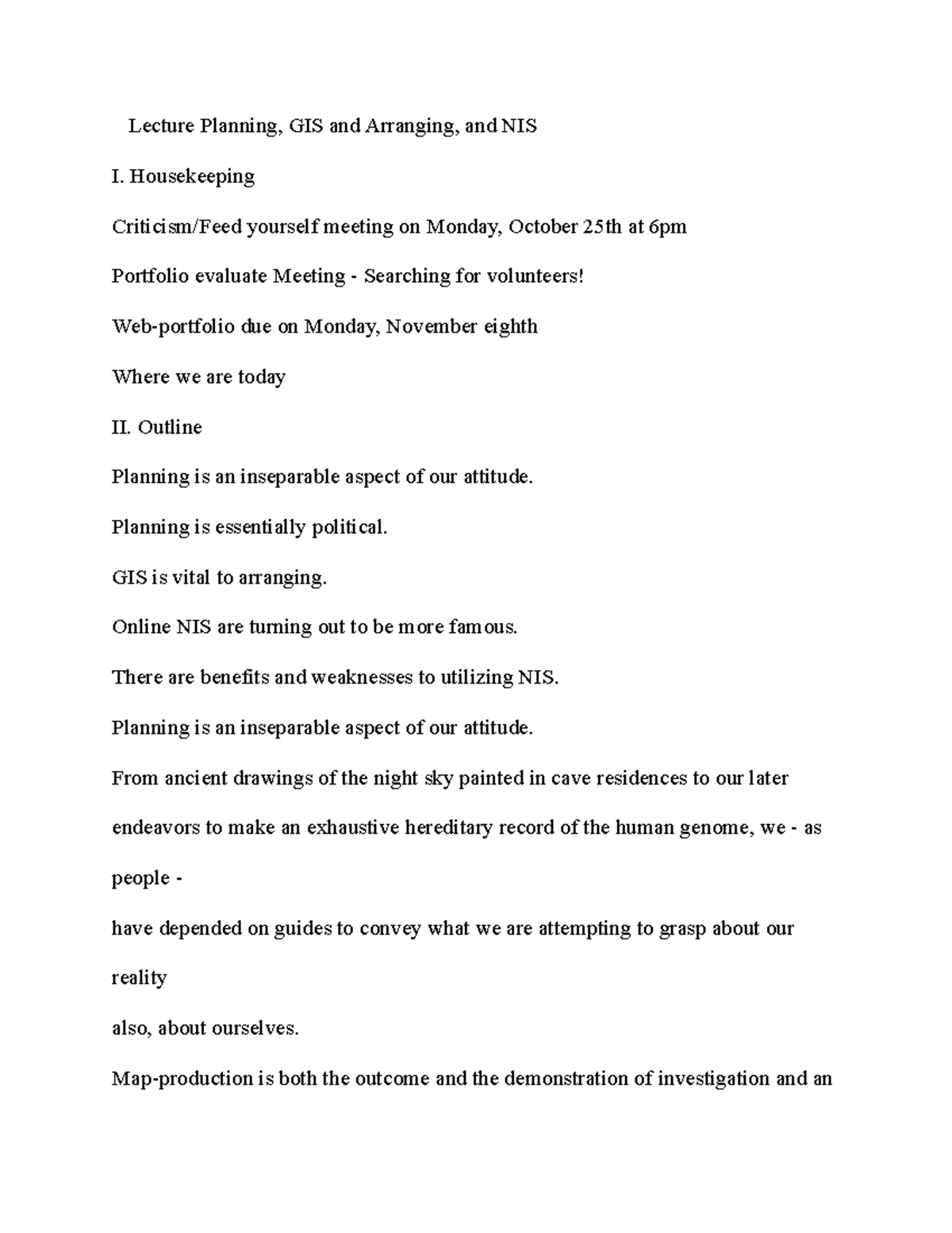 Lecture Planning, GIS and Arranging, and NIS - Housekeeping Criticism ...