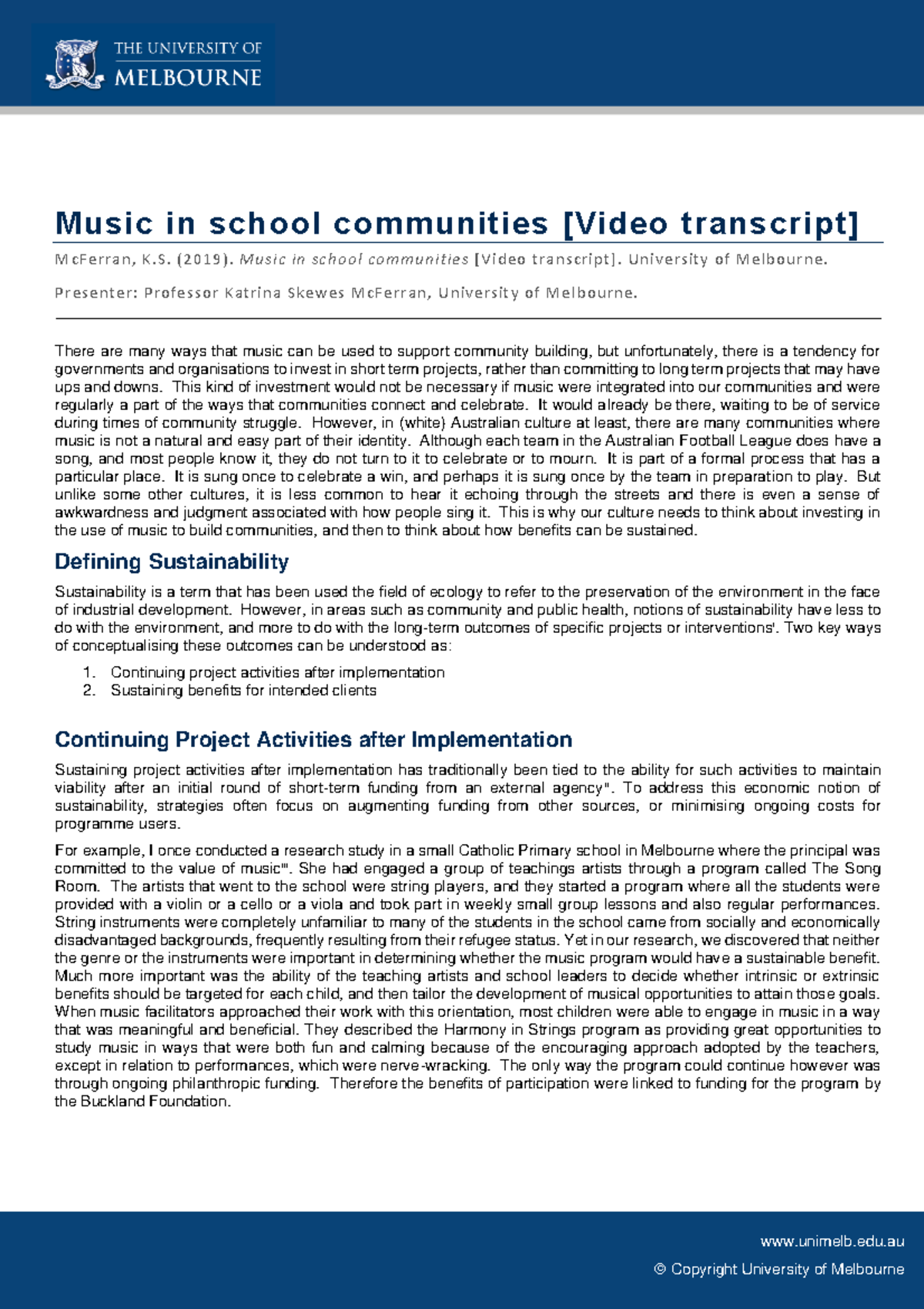 MUSI2015 0 Music in school communities - Video transcript - MUSI20150 ...