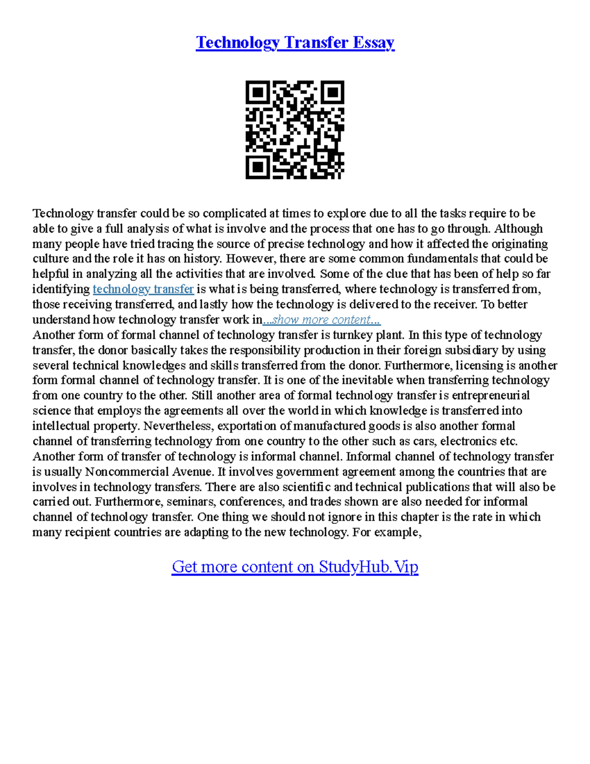 Transfer Essay Example - Technology Transfer Essay Technology transfer ...
