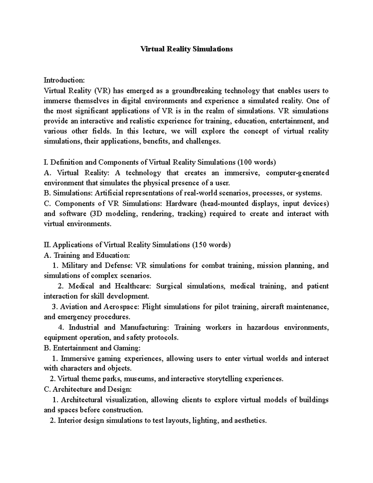 Active Engagement - sum - Virtual Reality Simulations Introduction: Virtual Reality (VR) has ...