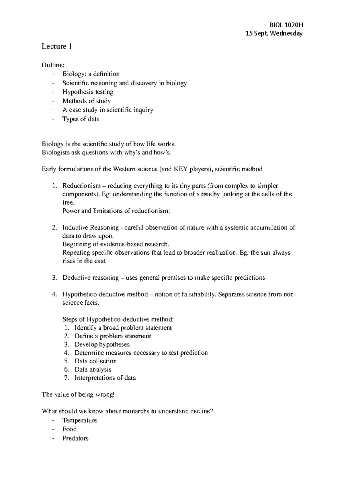 Lecture 1 BIOLOGY IS A SCIENTIFIC STUDY - BIOL 1020H 15 Sept, Wednesday ...