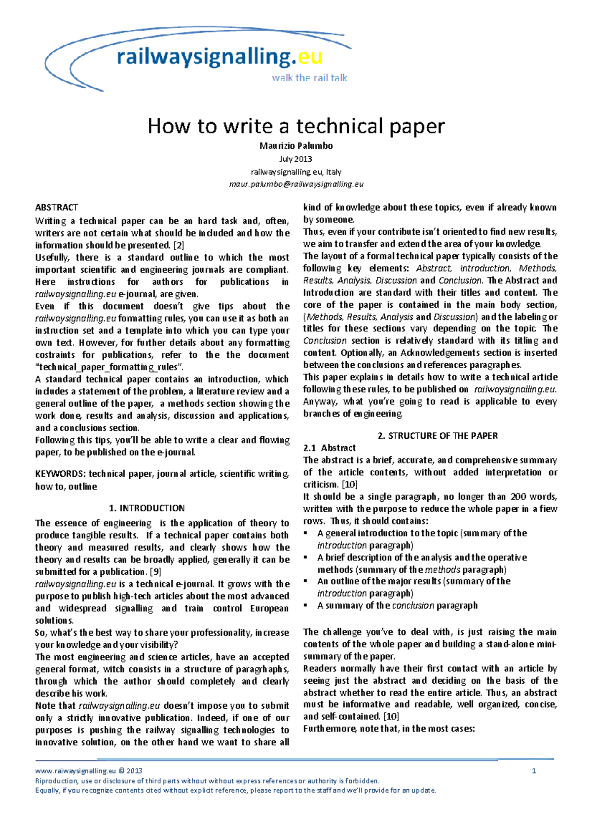 How to write a technical paper - raiwaysignalling © 2013 1 Riproduction ...