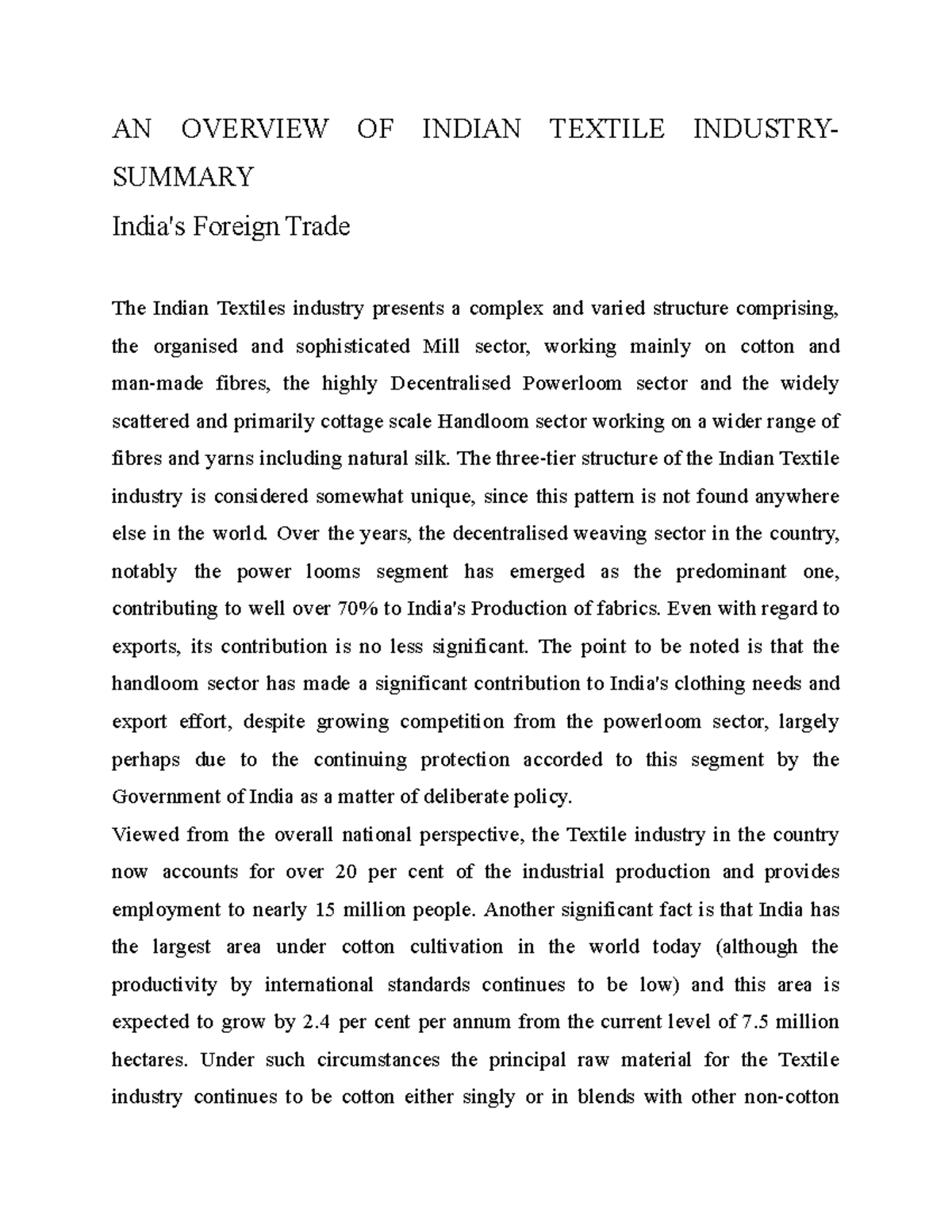 AN Overview OF Indian Textile Industry- Summary - AN OVERVIEW OF INDIAN ...