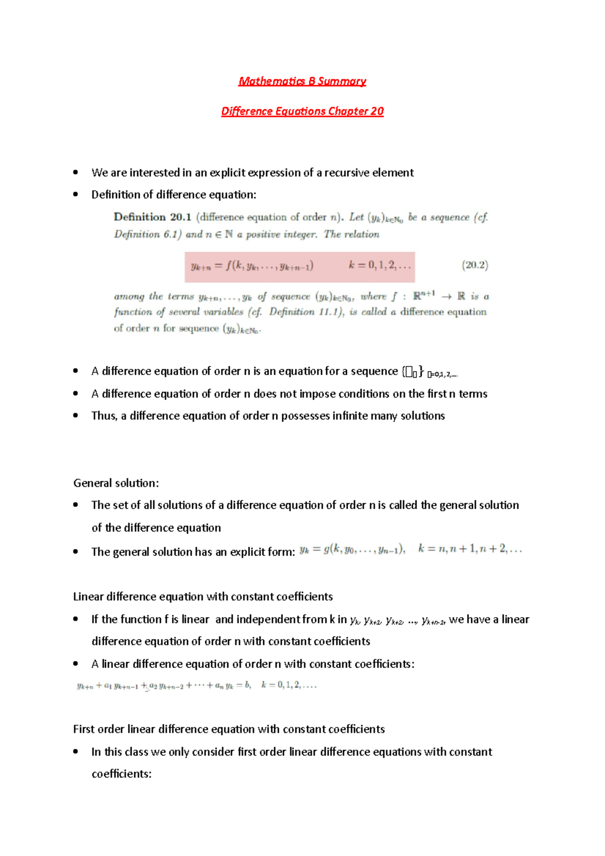 Mathematics B Ch. 20 Summary - Mathematics B Summary Difference ...
