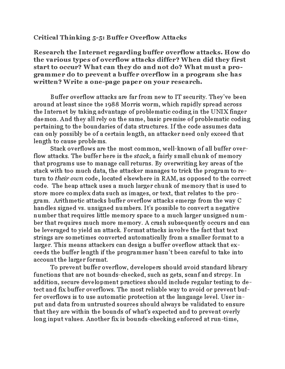 Critical Thinking Assignment5-5 - Critical Thinking Buffer Overflow Attacks Research the ...