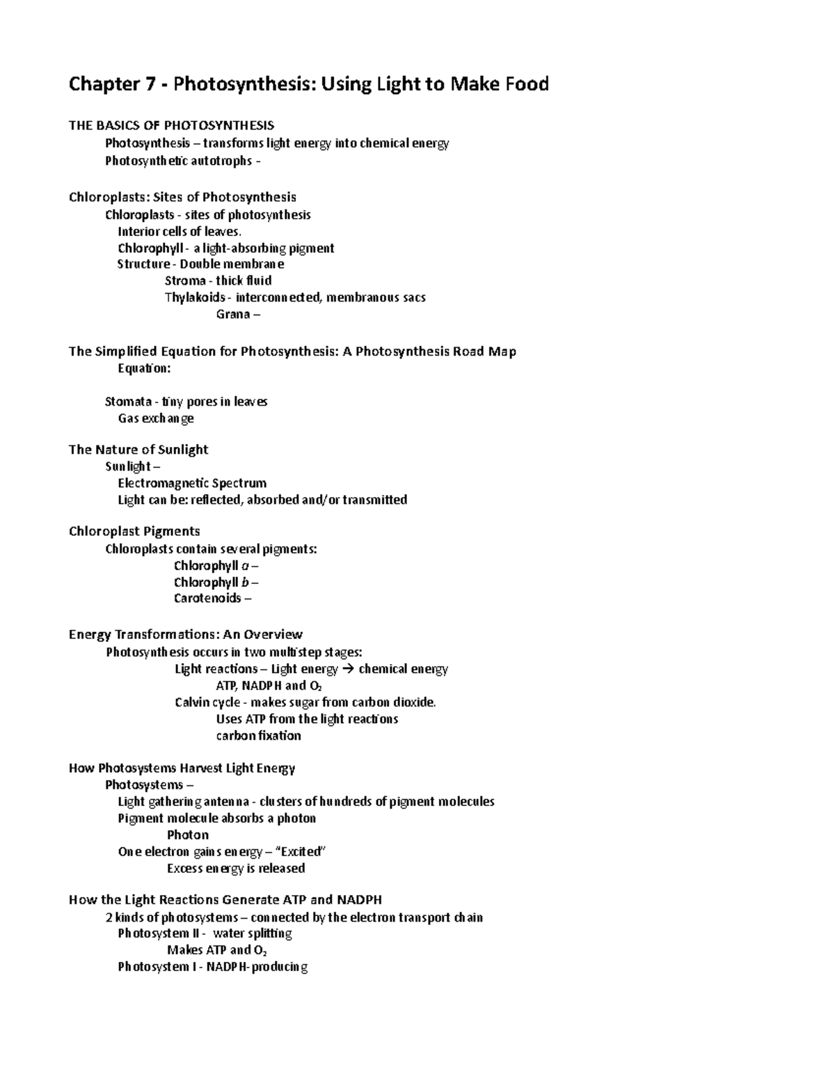 Chapter 07 - Photosynthesis outline - Chapter 7 Photosynthesis: Using ...