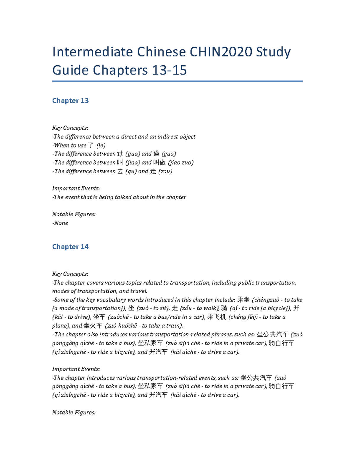 Intermediate Chinese CHIN2020 Study Guide Chapters 13-15 - Intermediate ...
