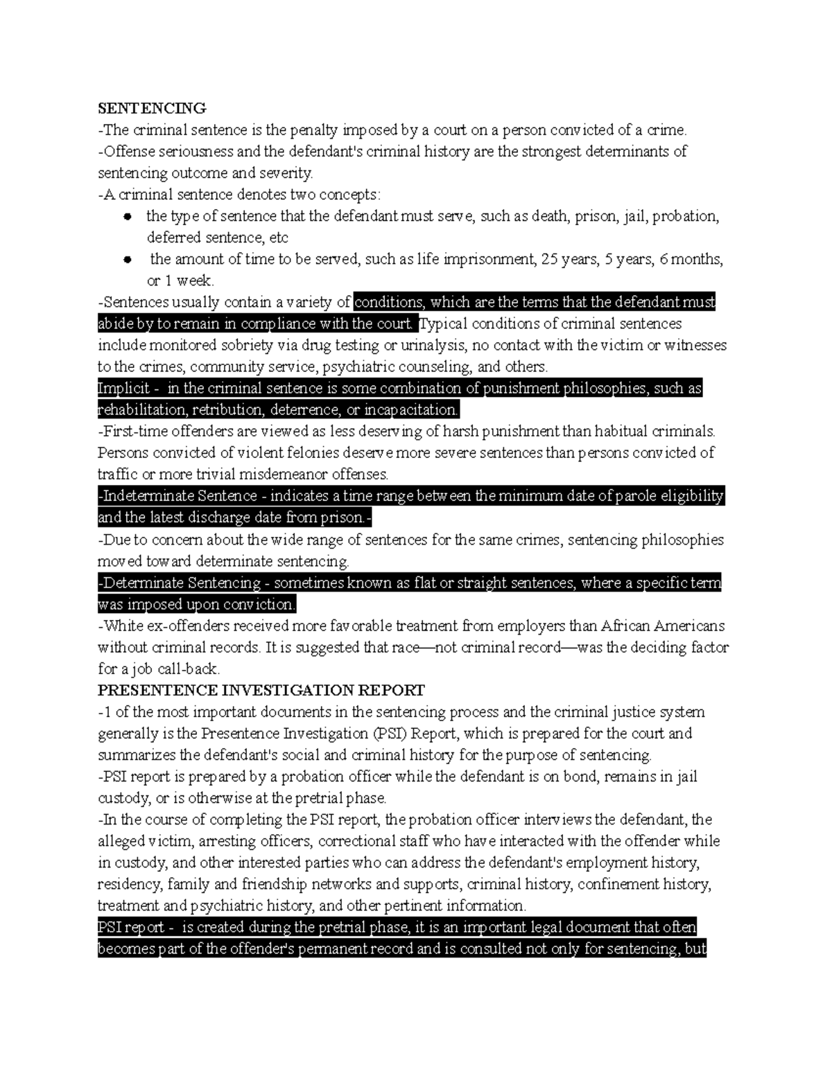 COR 101 Chapter 4 Notes - SENTENCING -The criminal sentence is the ...