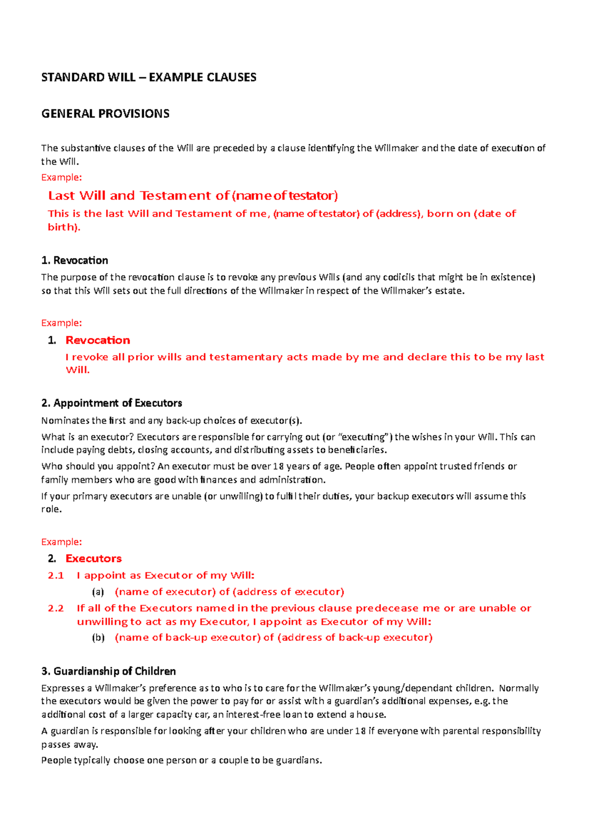 Standard WILL - Clause Description - LAW1043 - RMIT University - Studocu