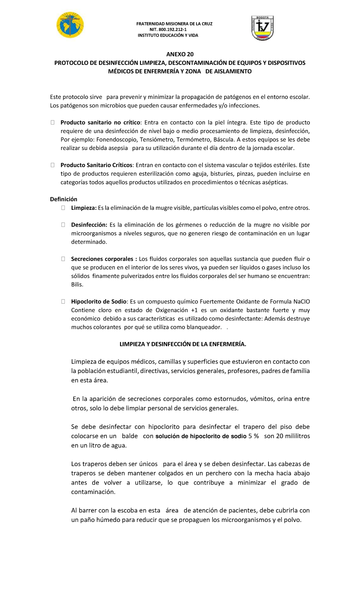 Anexo 20 Protocolo DE Desinfecciòn DE LOS Equipos Medicos IEV 4 - NIT ...