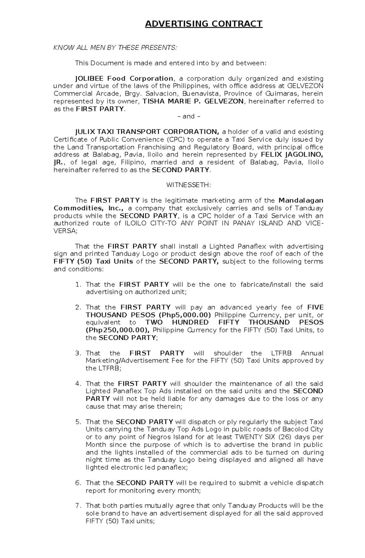 Advertising Contract - ADVERTISING CONTRACT KNOW ALL MEN BY THESE ...