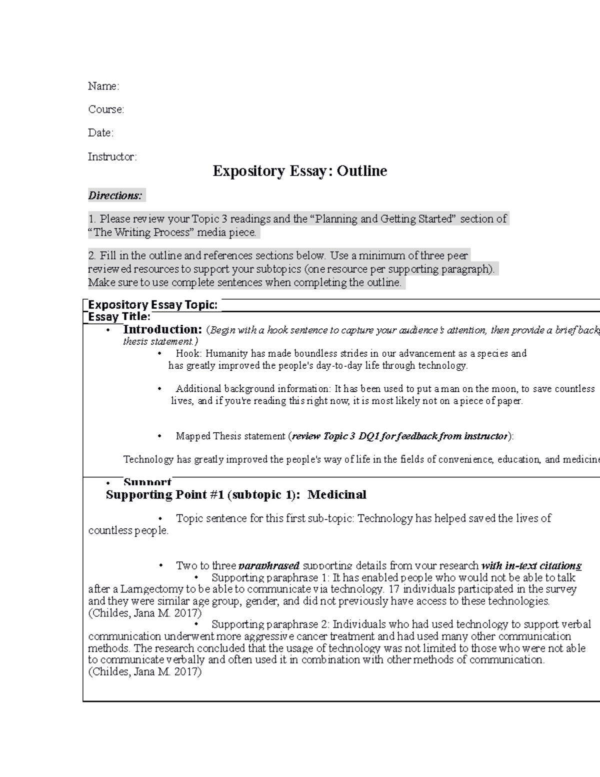 UNV-104 T3 Expository Essay Outline - Name: Course: Date: Instructor ...