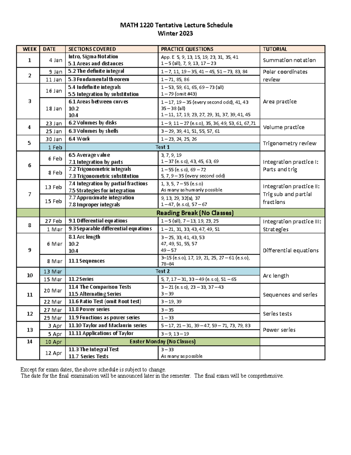 CALC 2 excercises - practice - MATH 1220 Tentative Lecture Schedule ...