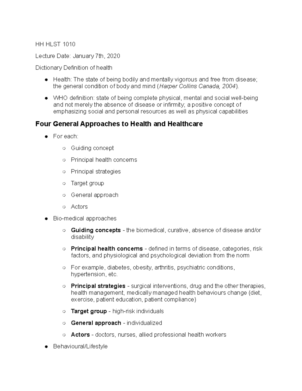 HH HLST 1010 Lecture Notes - HH HLST 1010 Lecture Date: January 7th ...