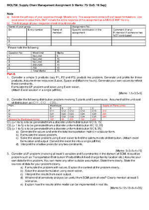 Assignment 2- Do S 4 Sep 2022 - MCL756: Supply Chain management ...