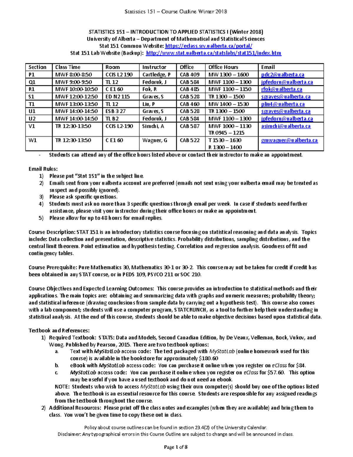 Stat 151 Winter 2018 Syllabus Final - Warning: TT: undefined function: 32 Warning: TT: undefined ...