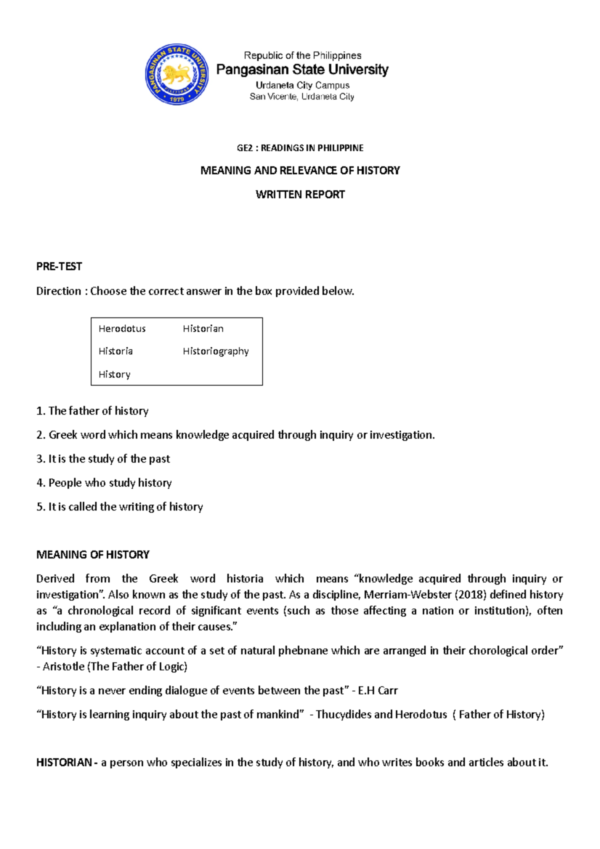 Meaning-AND- Relevance-OF- History Written Report - GE2 : READINGS IN ...