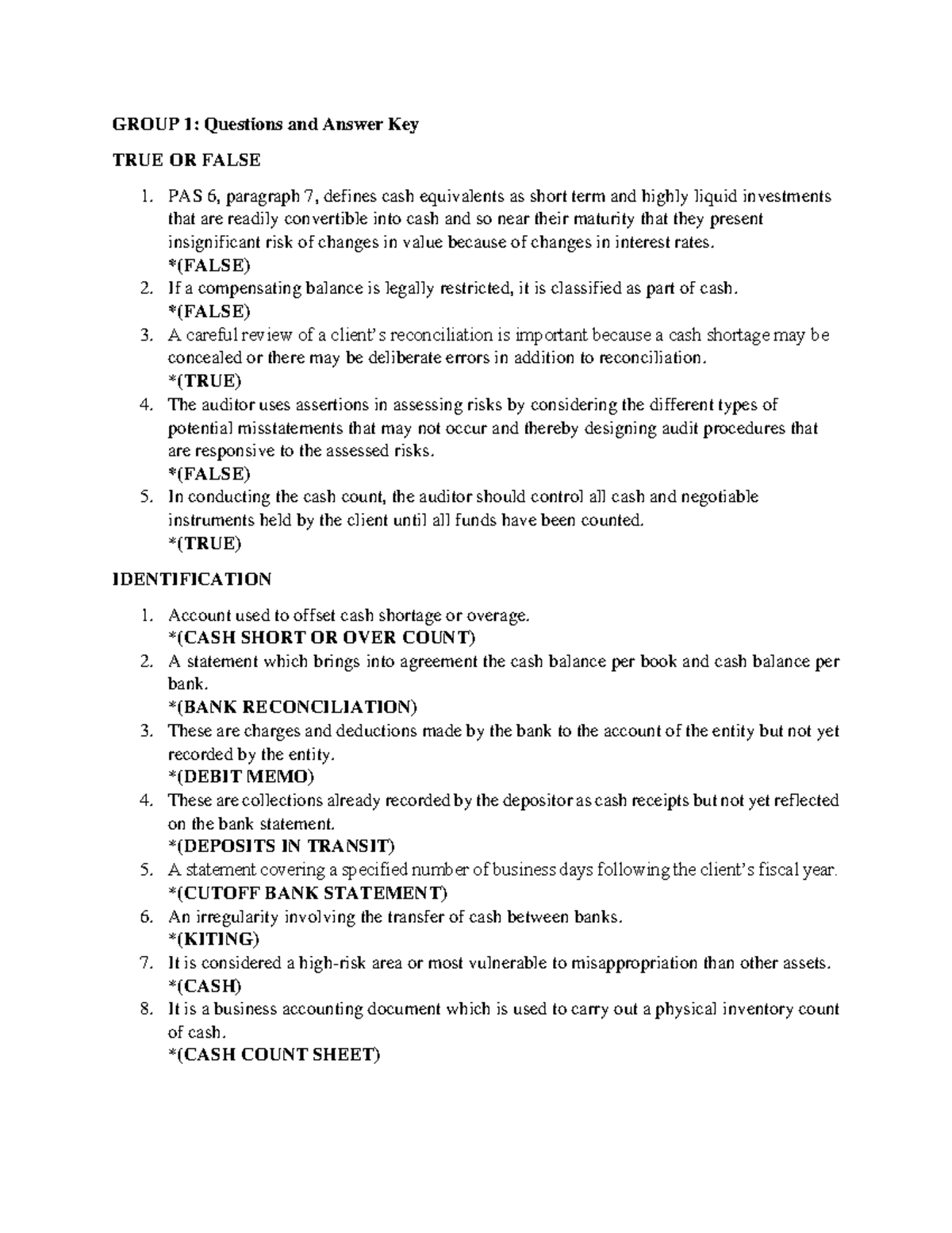 AUD1 2 Q A 1 1 1 - Notes - GROUP 1: Questions and Answer Key TRUE OR ...