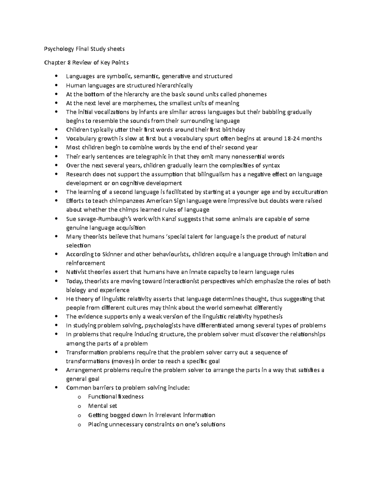 Psychology Final Study sheets chapter 8 - Studocu