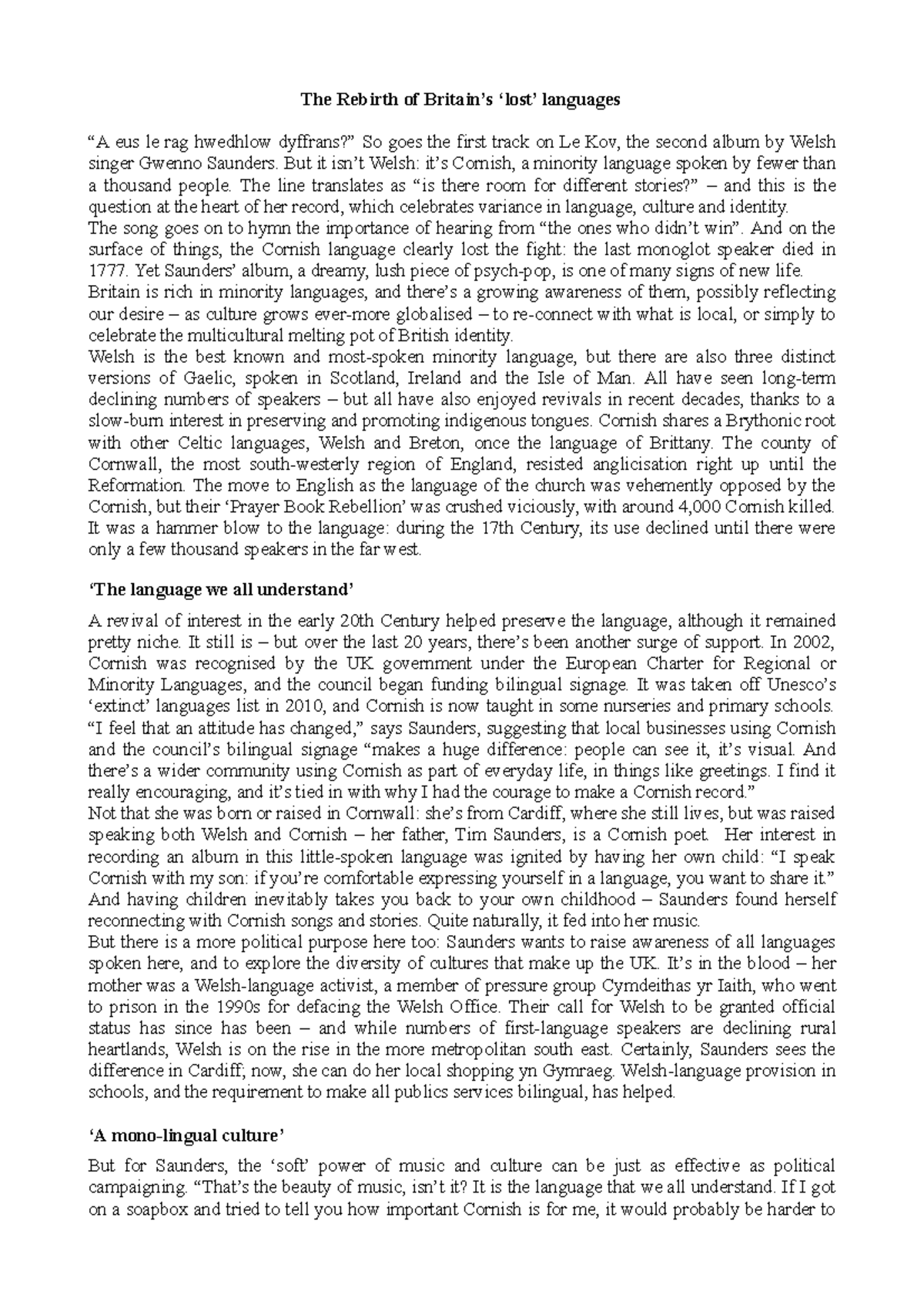 Language revival In depth - The Rebirth of Britain’s ‘lost’ languages ...