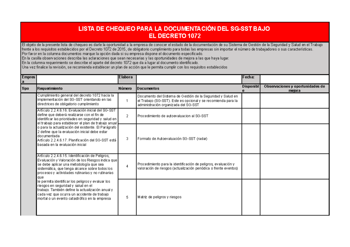 Lista DE Chequeo PARA LA Documentacion D - EL DECRETO 1072 El objeto de ...