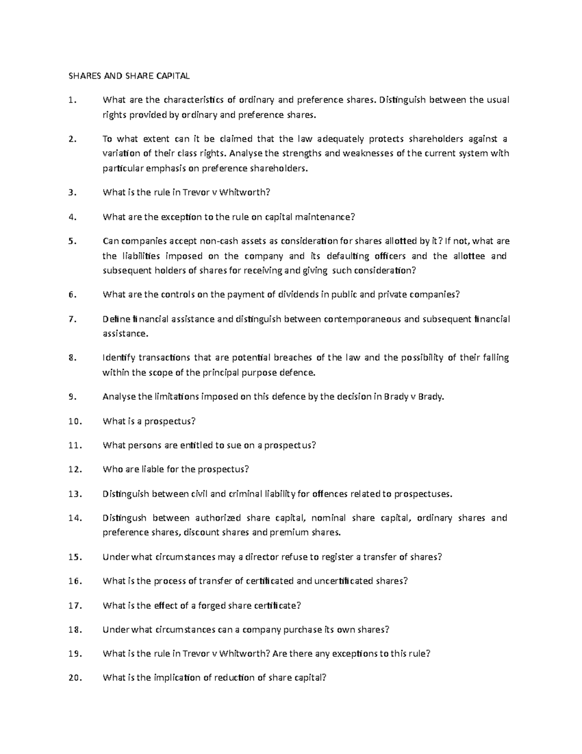 Share Capital Tutorial Sheet Questions - SHARES AND SHARE CAPITAL What ...