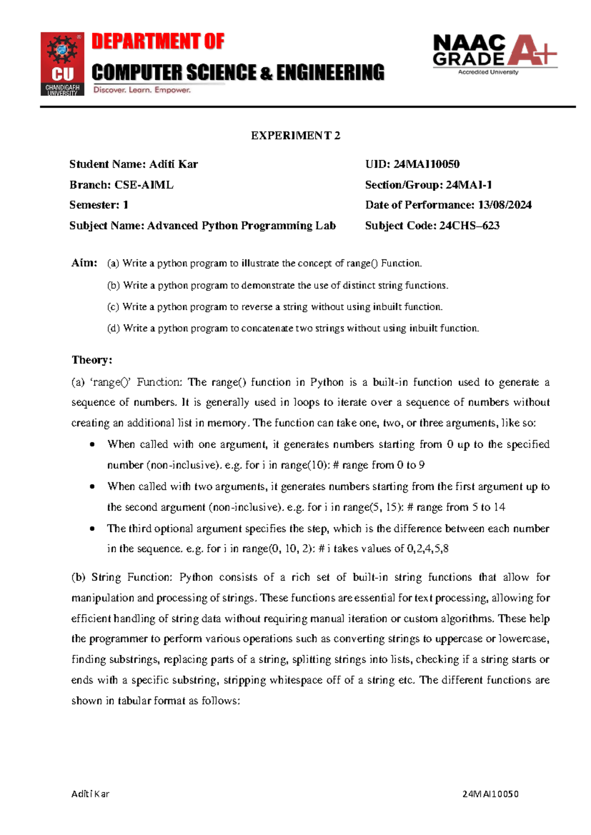 Experiment 2 Python Aditi - EXPERIMENT 2 Student Name: Aditi Kar UID: 24MAI100 50 Branch: CSE ...