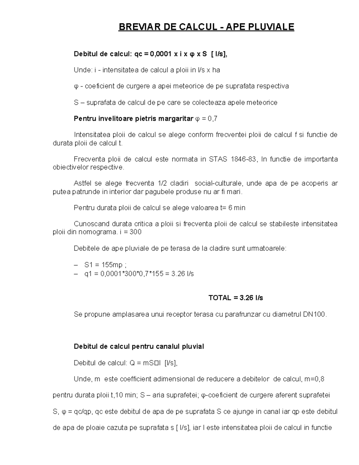 Hakdogio - www - BREVIAR DE CALCUL - APE PLUVIALE Debitul de calcul: qc ...