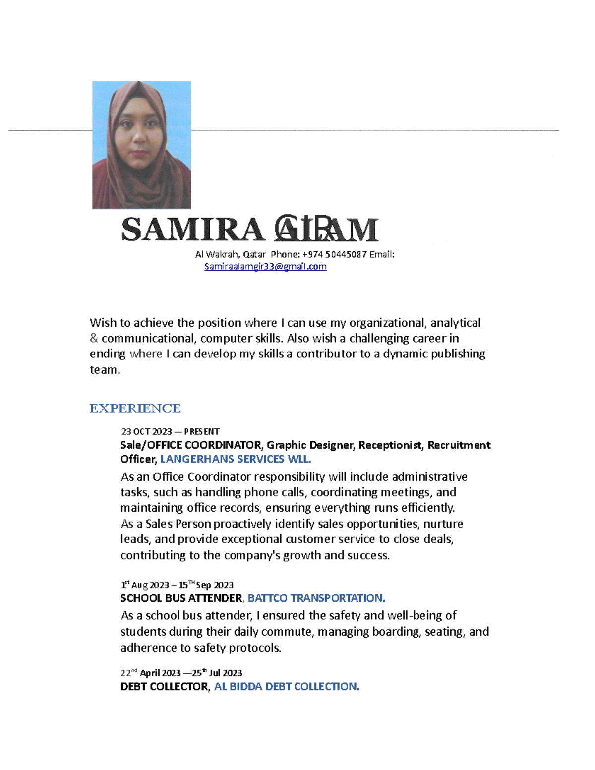 Samira CV 1 - Need this book for school project. - GIR Al Wakrah, Qatar ...