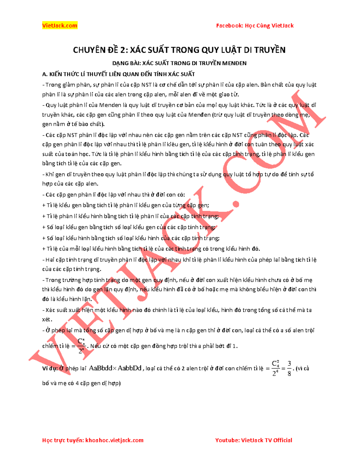 Cach giai bai tap xac suat trong quy luat di truyen menden - CHUYÊN ĐỀ 2: X¡C SUẤT TRONG QUY ...