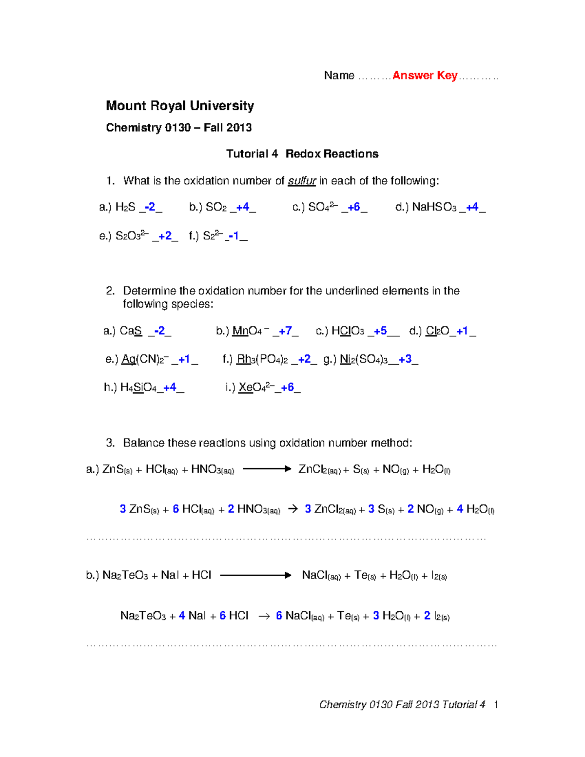Tutorial 4 Answer Key F 2014 - Name ........ Key........... Mount Royal University Chemistry ...