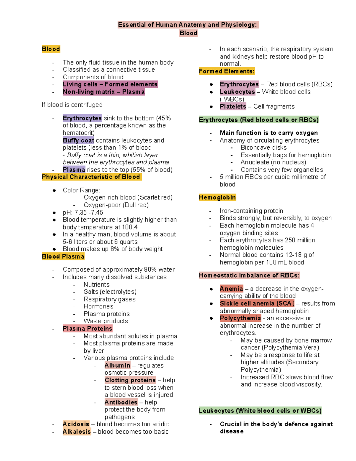 Anatomy and Physiology lecture notes of the blood - Blood Blood The ...