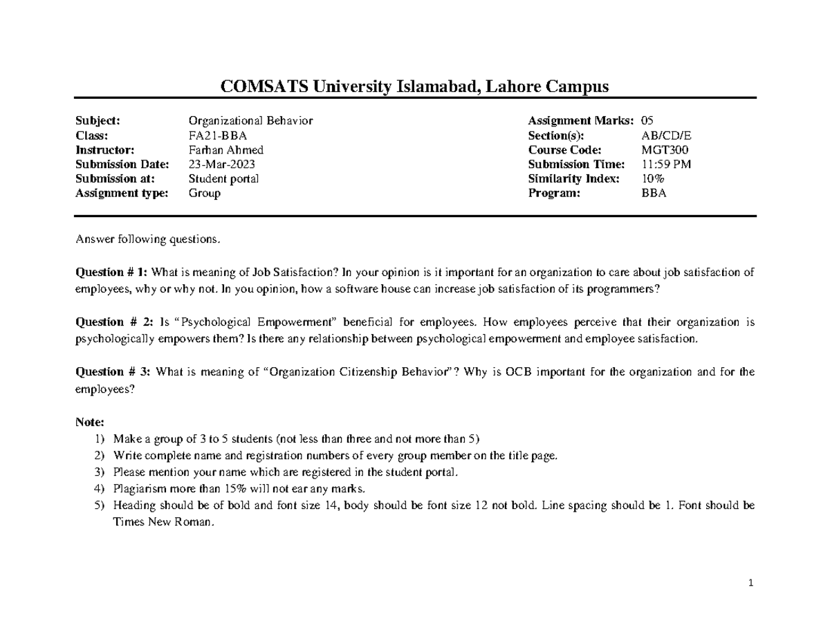OB Assignment 1 - 1 COMSATS University Islamabad, Lahore Campus Subject ...